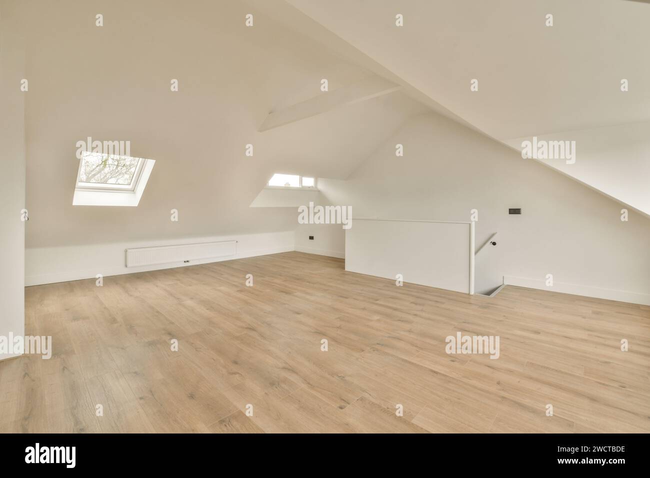 An empty attic room featuring large skylights, modern wooden flooring ...