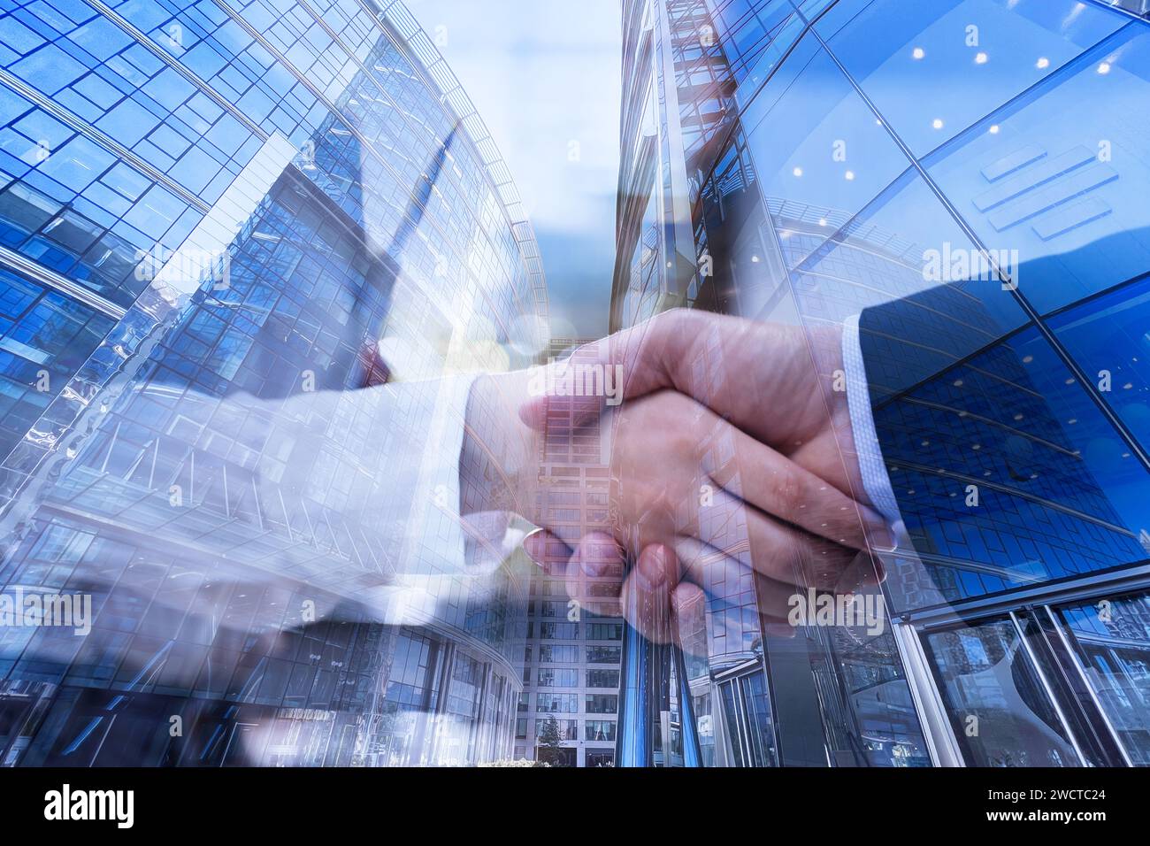 Partnership, cooperation, collaboration. Double exposure of buildings ...