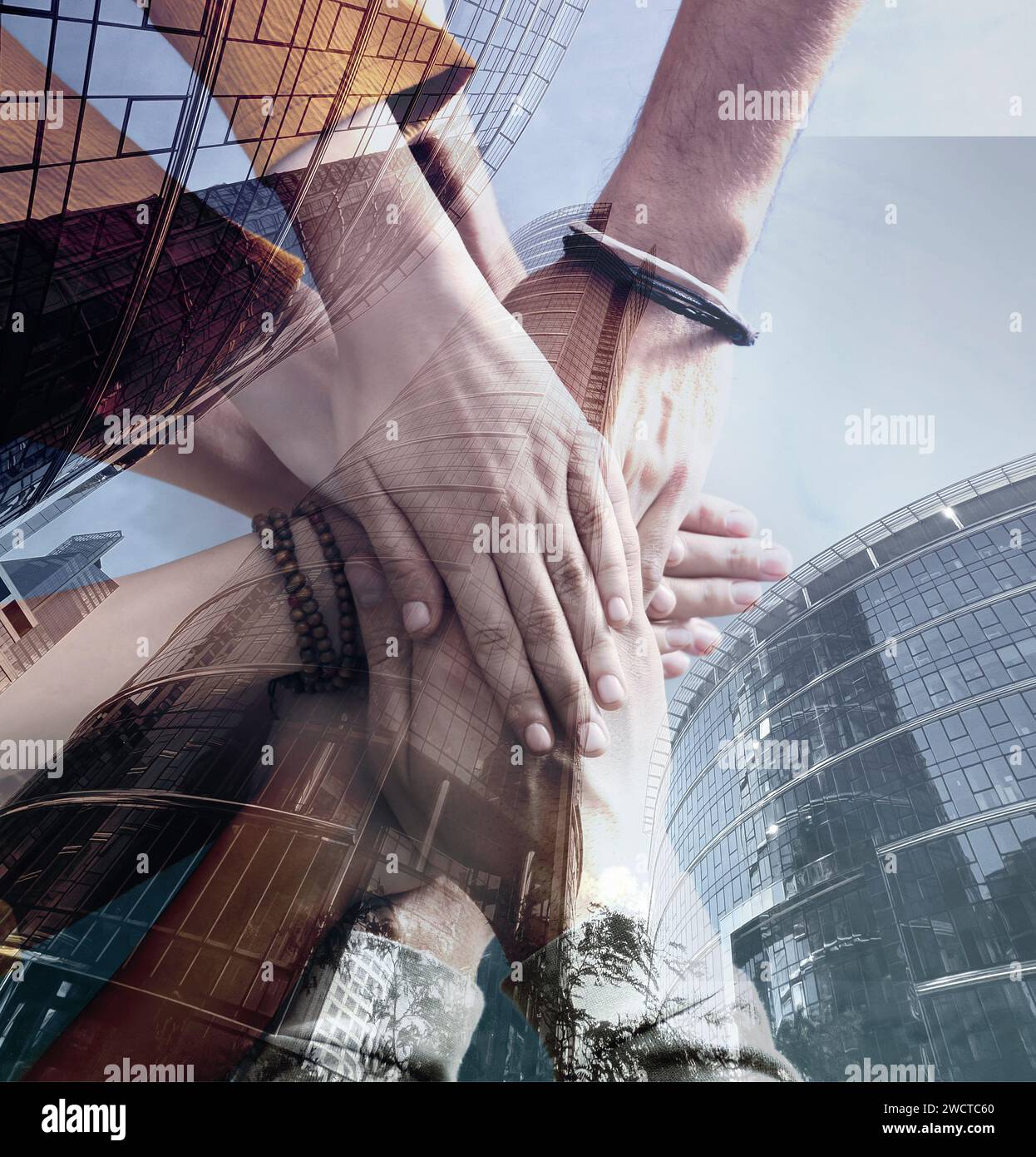 Partnership concept. Double exposure of people joining hands together ...