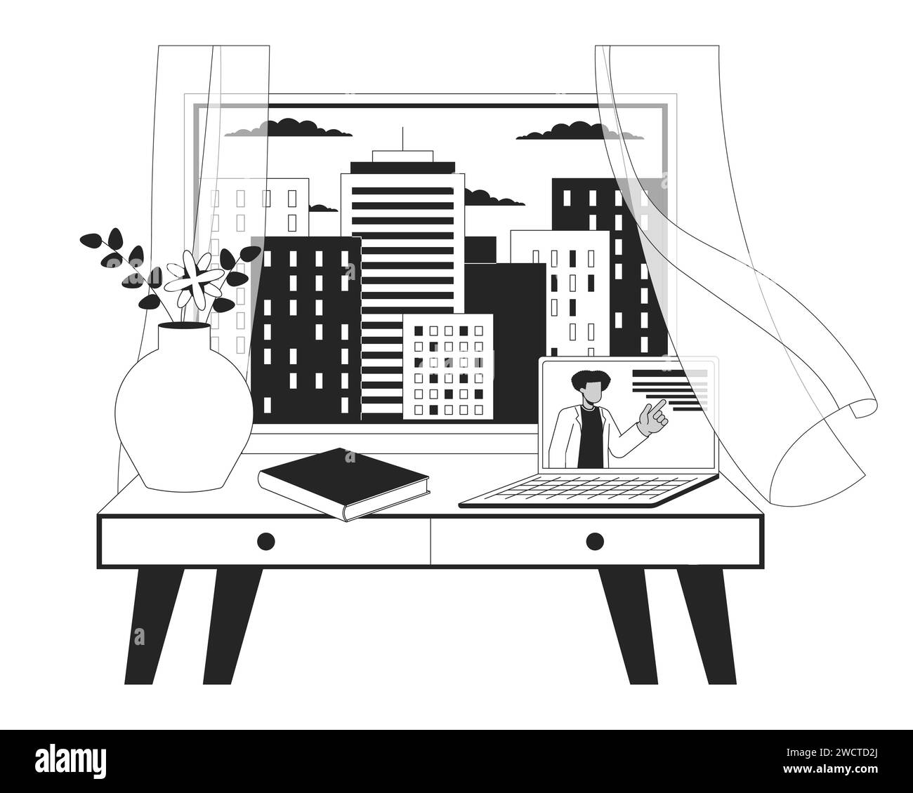 Cozy study space at window black and white 2D line cartoon object Stock ...