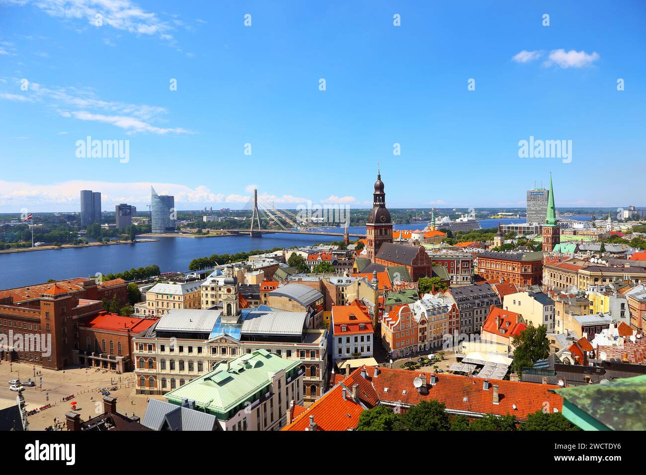 Top view on the old town with beautiful colorful buildings in Riga city ...