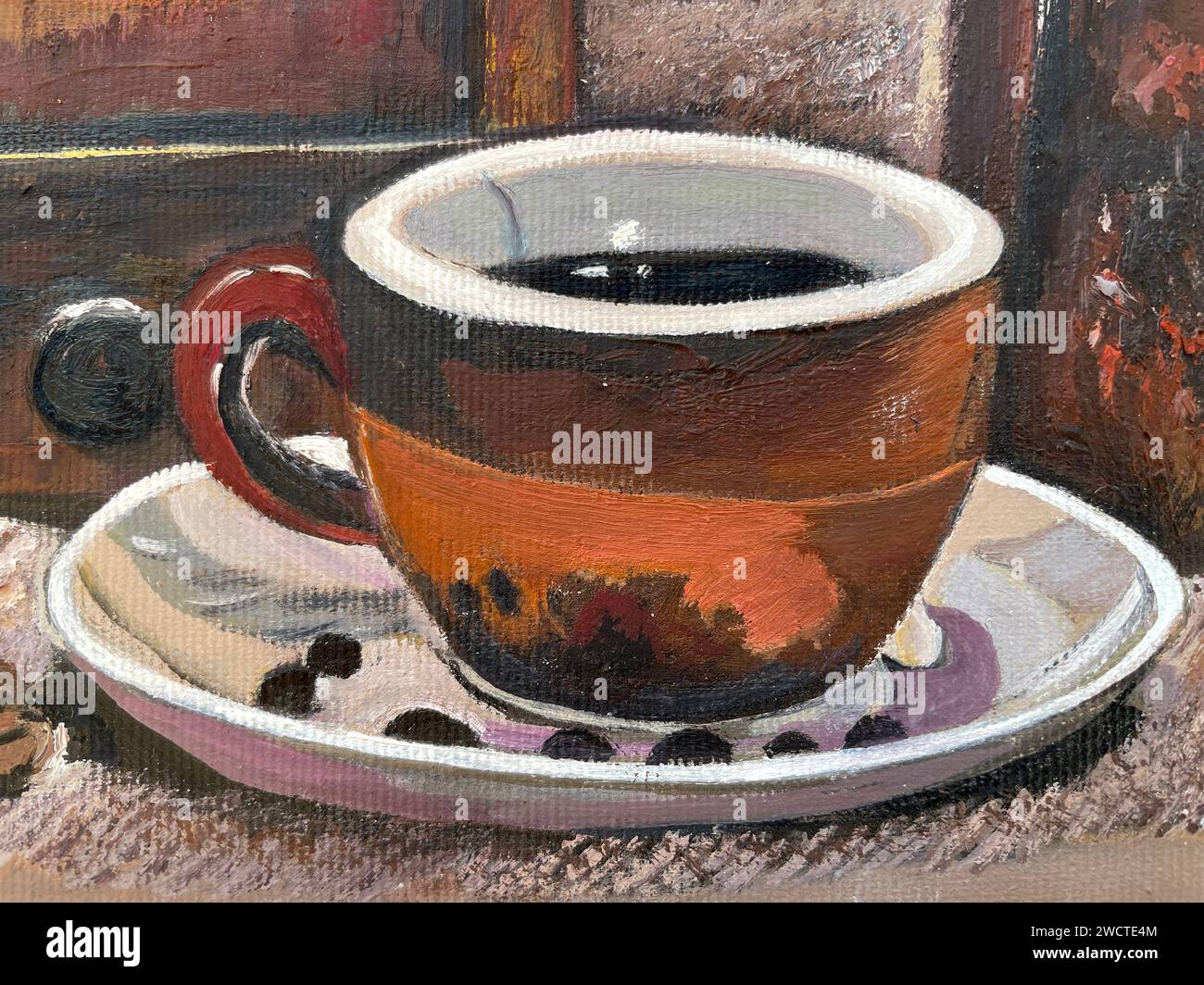 A still life oil painting abstract artwork featuring a cup of coffee ...