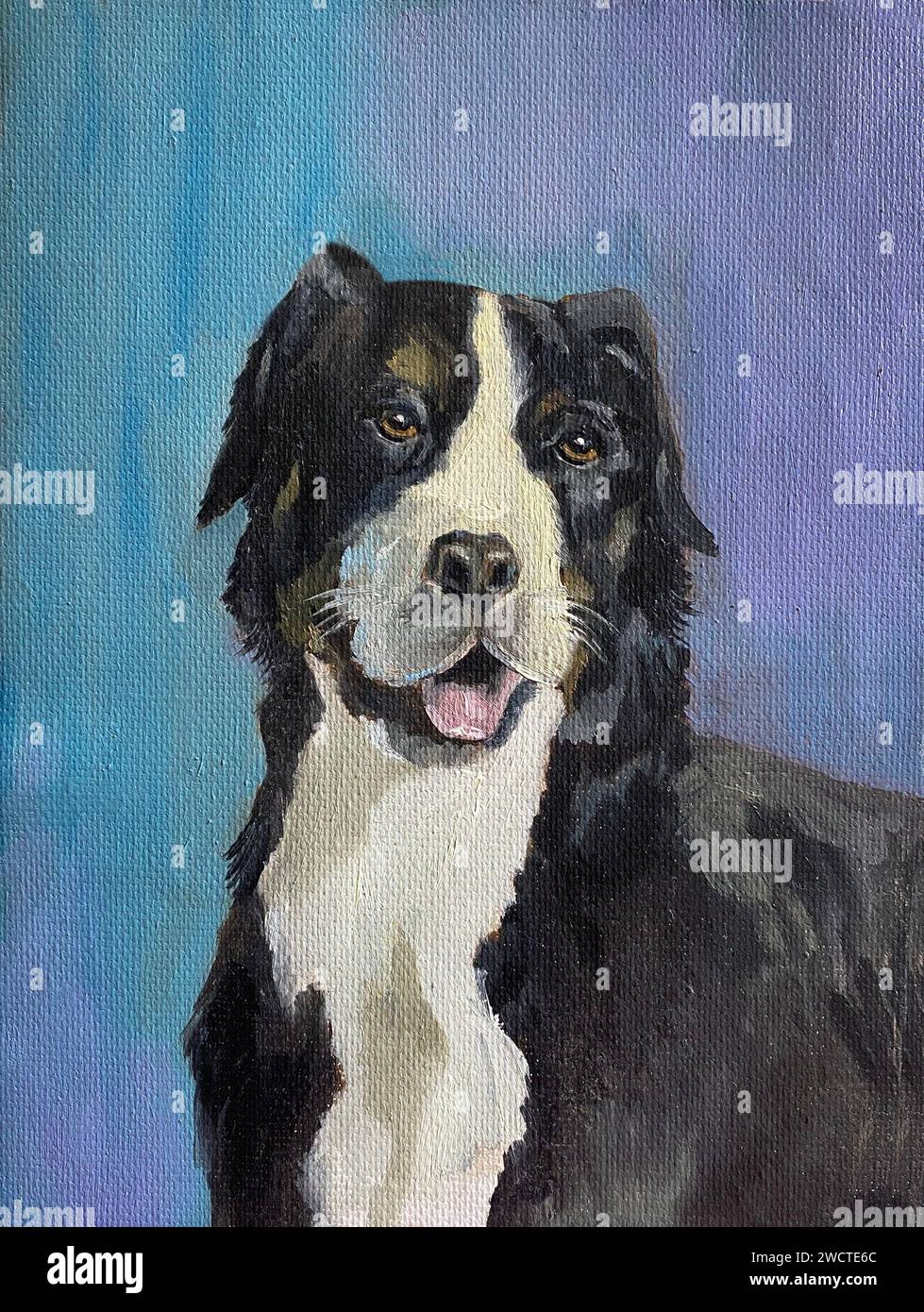 A still life oil painting abstract artwork featuring a dog in a purple ...