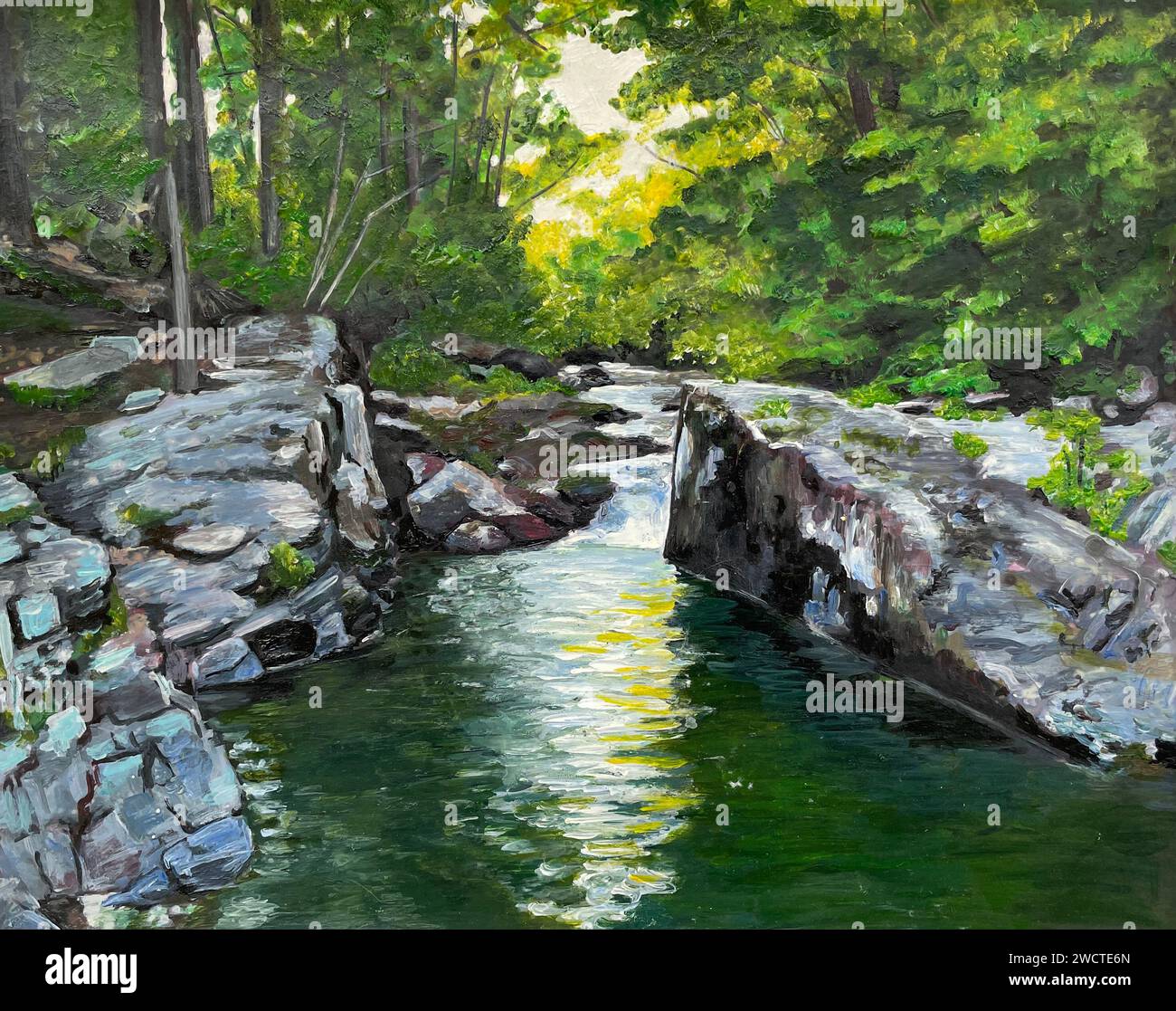 A still life oil painting abstract artwork featuring a river landscape ...