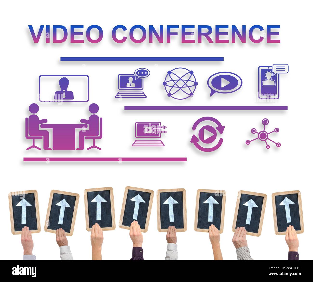 Hands holding writing slates with arrows pointing on video conference ...
