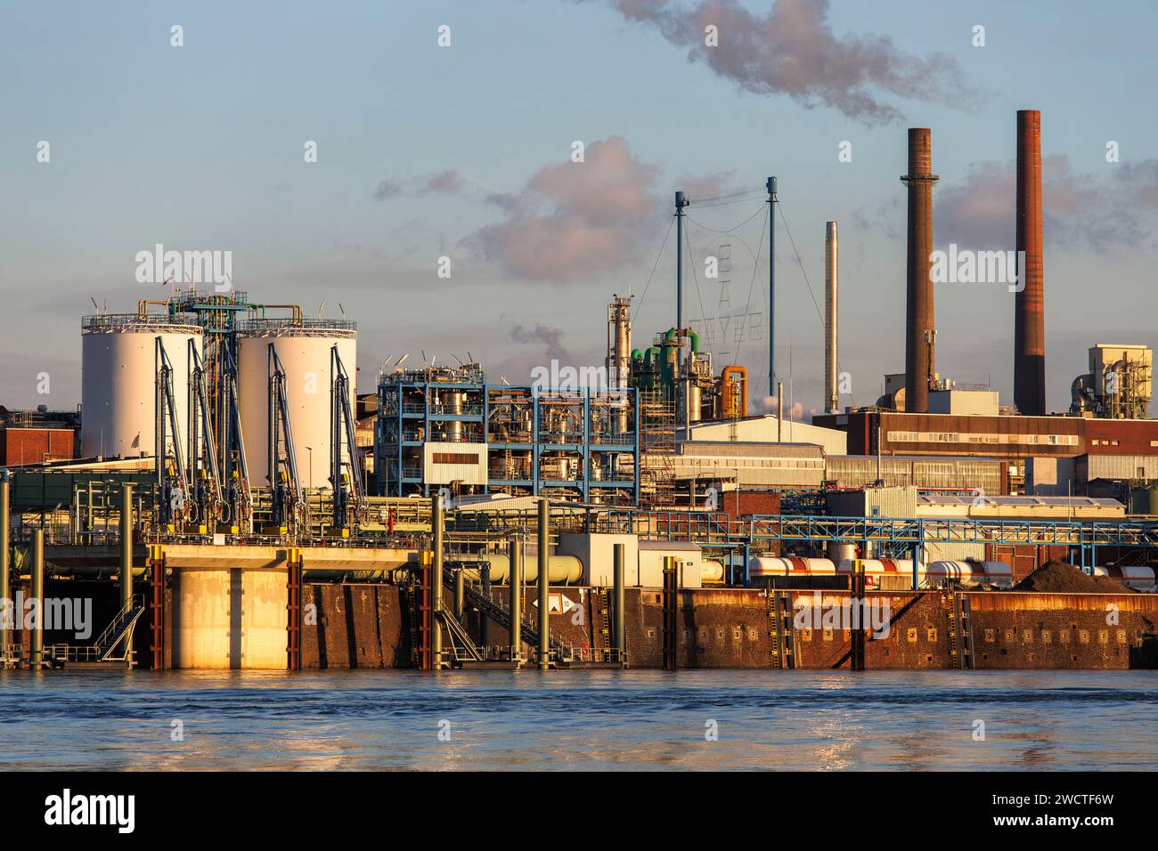 view over the Rhine to the Chempark, former known as the Bayerwerk, Leverkusen, North Rhine ...