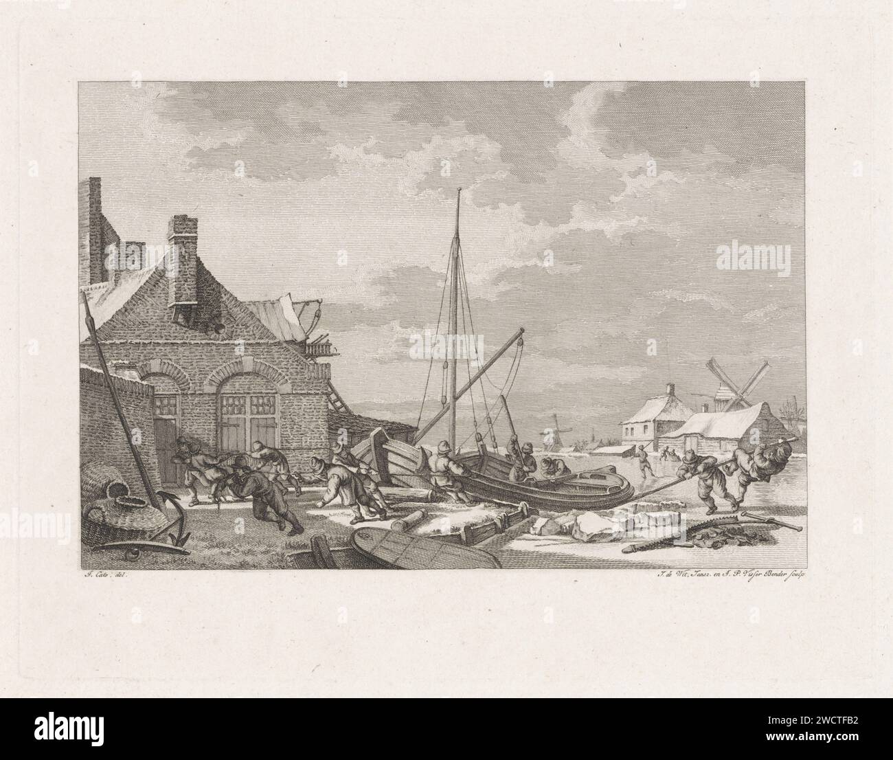 Men pull a barge out of the ice, Izaak Jansz. de Wit, after Jacob Cats ...