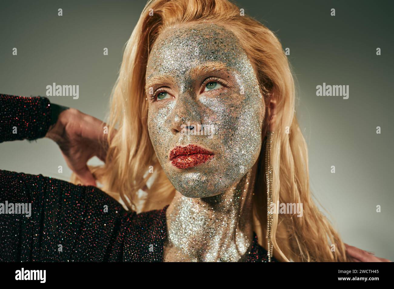 portrait, dreamy woman in shiny dress with glitter all over body and ...