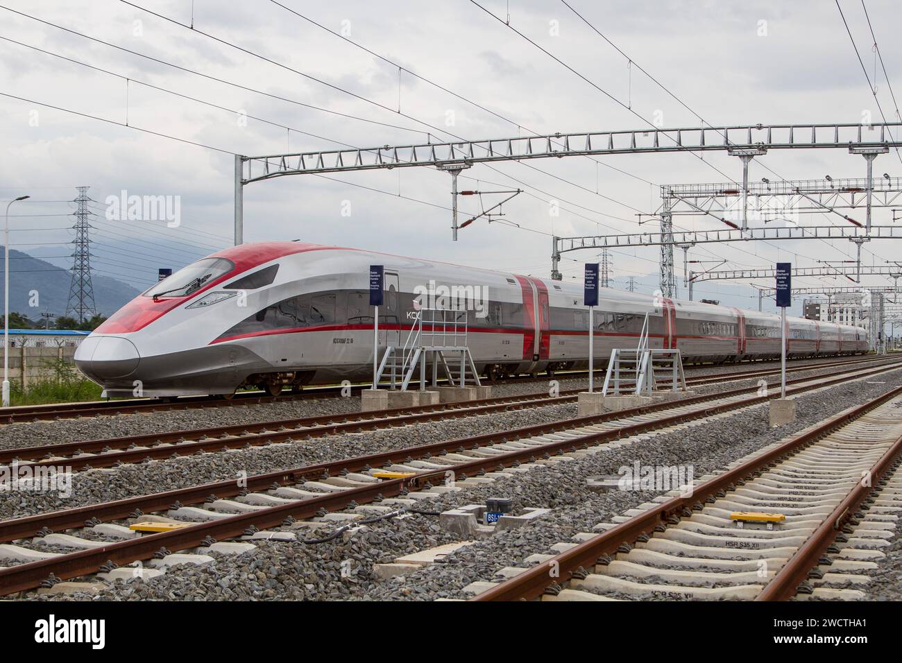 Electric Multiple Unit (EMU) train arrives at Tegalluar High Speed Train depot. PT Kereta Cepat ...