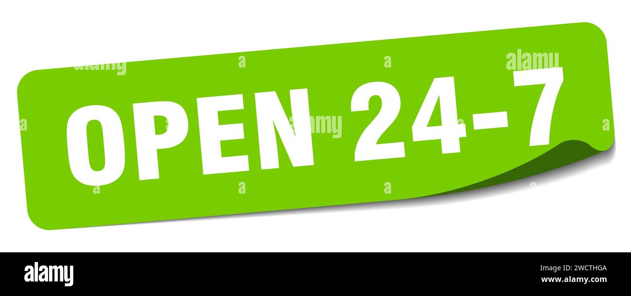 open 24 7 sticker. open 24 7 rectangular label isolated on white ...