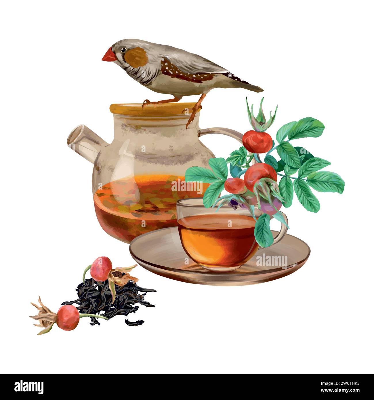 Cup of tea, teapot, rose hips, berries, bird. Vector illustration in ...