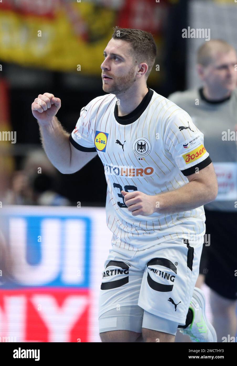 Jubel von Lukas Mertens of Germany France vs Germany EHF Mens Handball ...