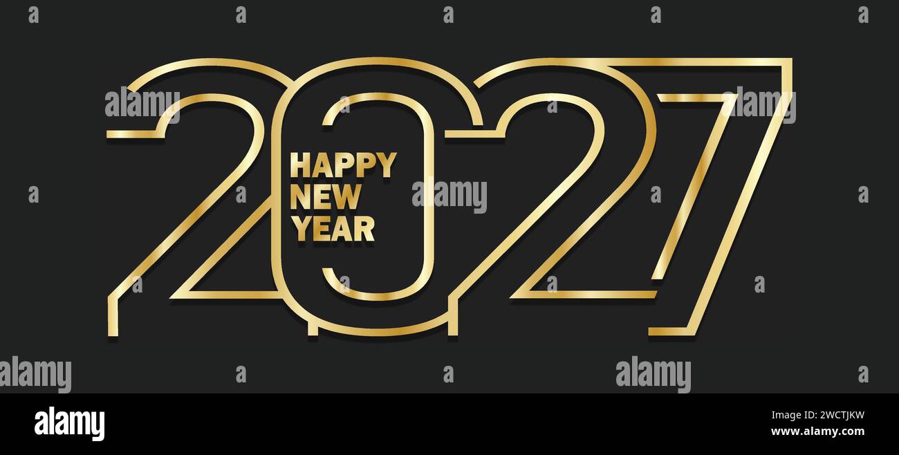 2027 Happy New Year greeting card. Golden numbers on black background. Vector illustration Stock ...