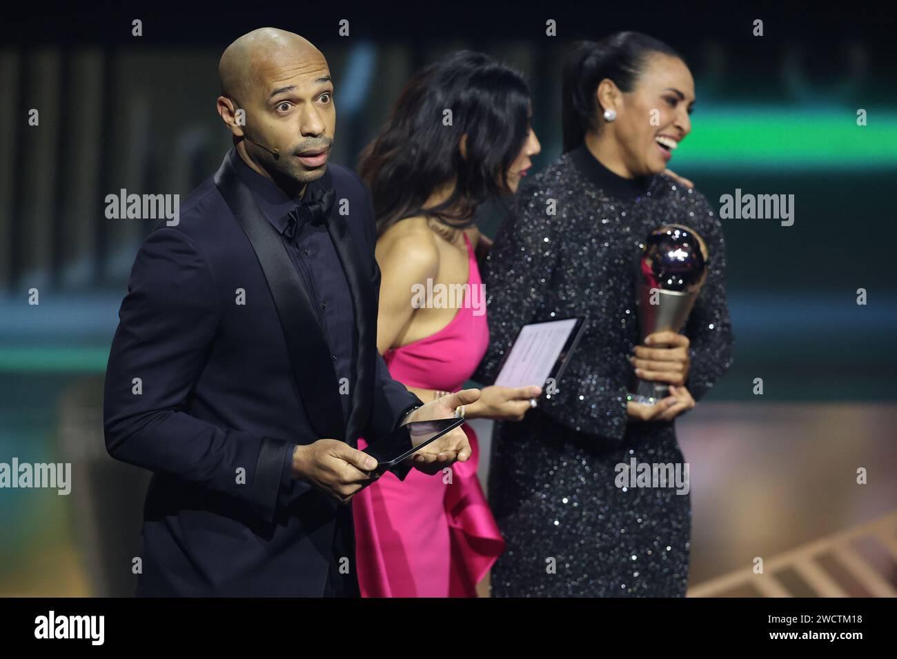 London, England, 15th January 2024. FIFA Special Award Winner, Marta Vieira da Silva (R) talks ...