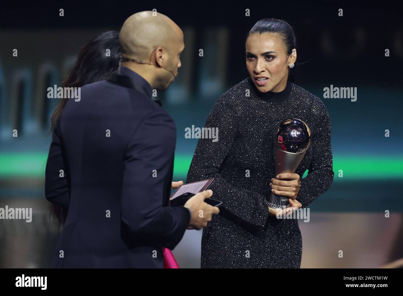 London, England, 15th January 2024. FIFA Special Award Winner, Marta Vieira da Silva talks with ...