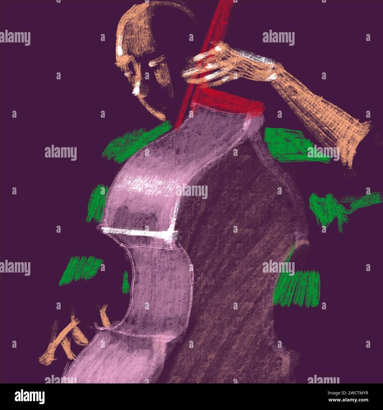 Contrabass, double bass and musician. Pastel sketch drawing of musical ...