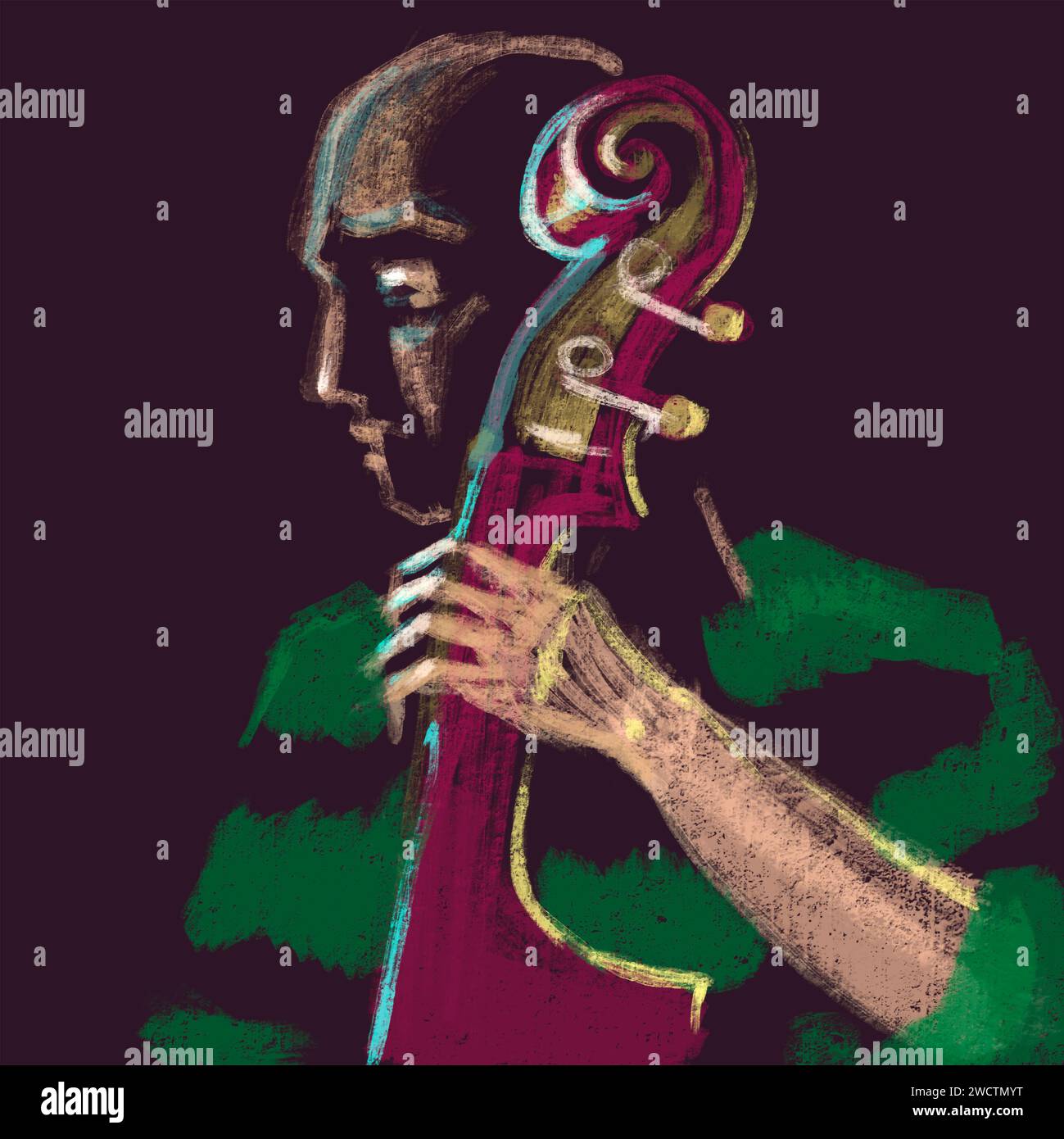 Contrabass, double bass and musician. Pastel sketch drawing of musical ...