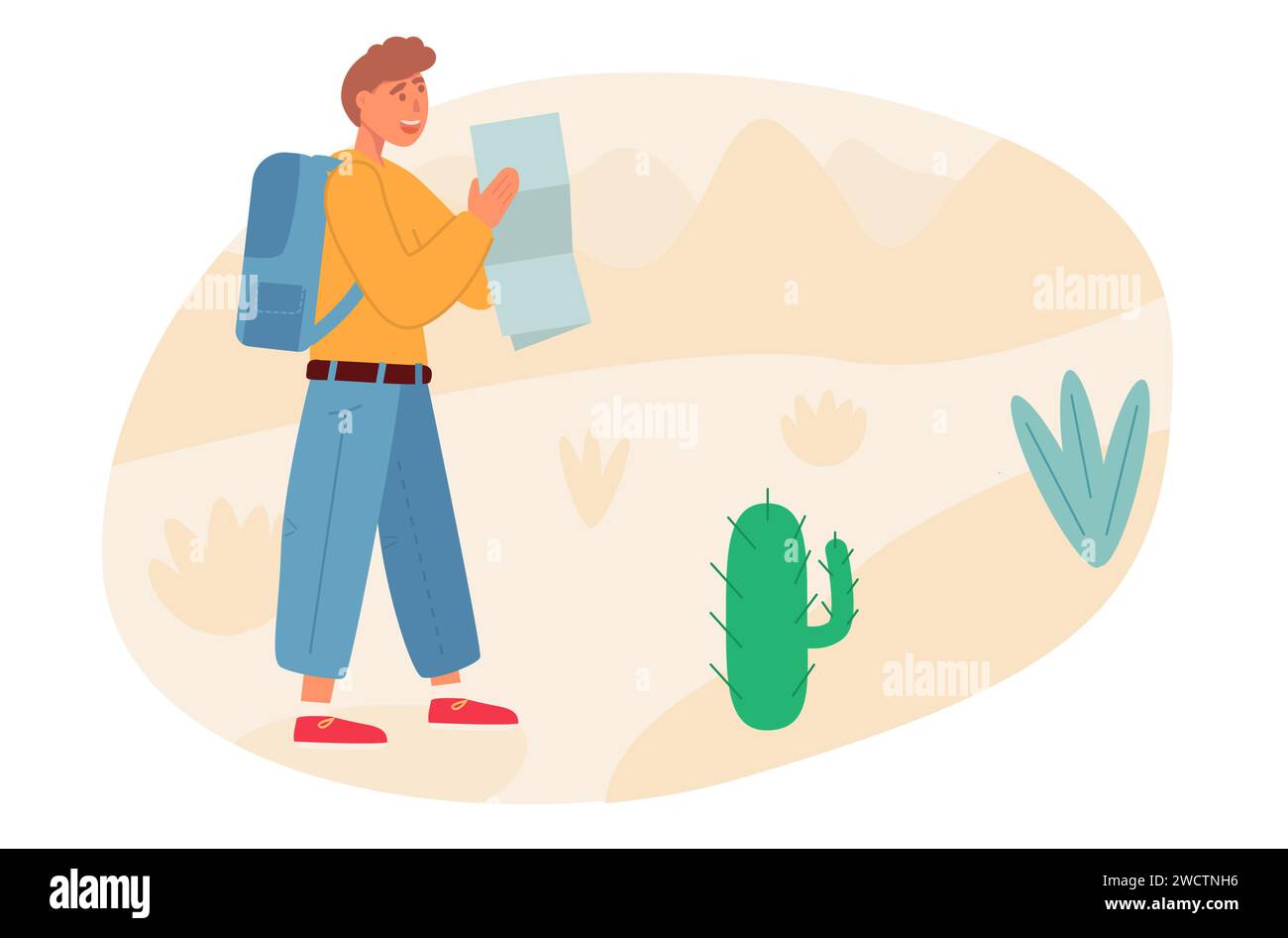 Concept of backpacker walking hiking on nature. A joyful man holding a ...