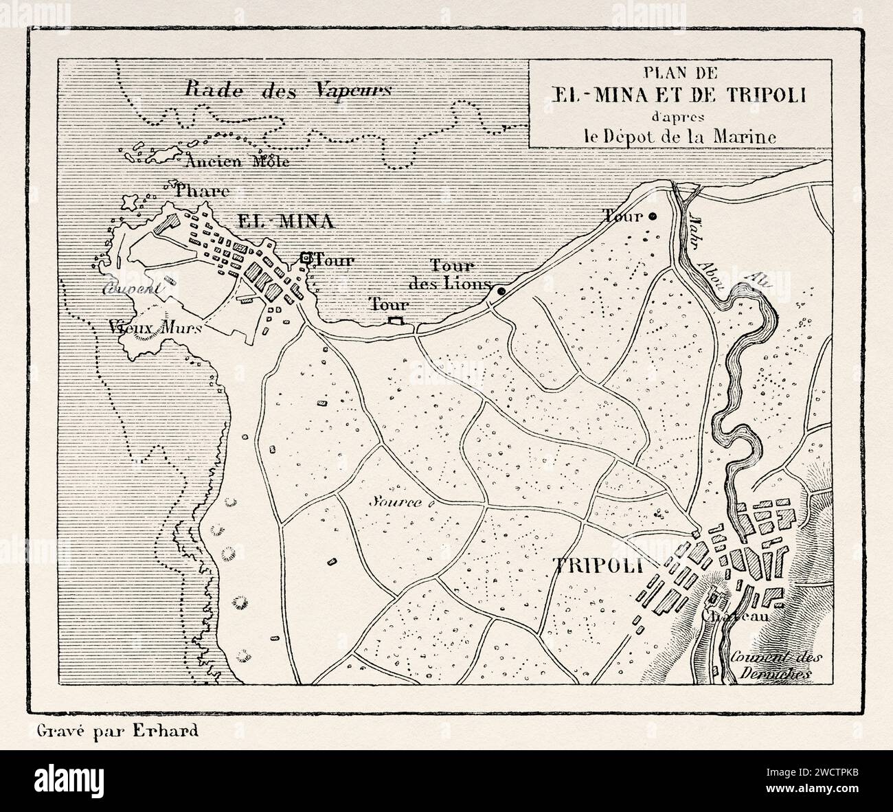 El Mina old map, coastal independent town in Tripoli. Occupies the ...