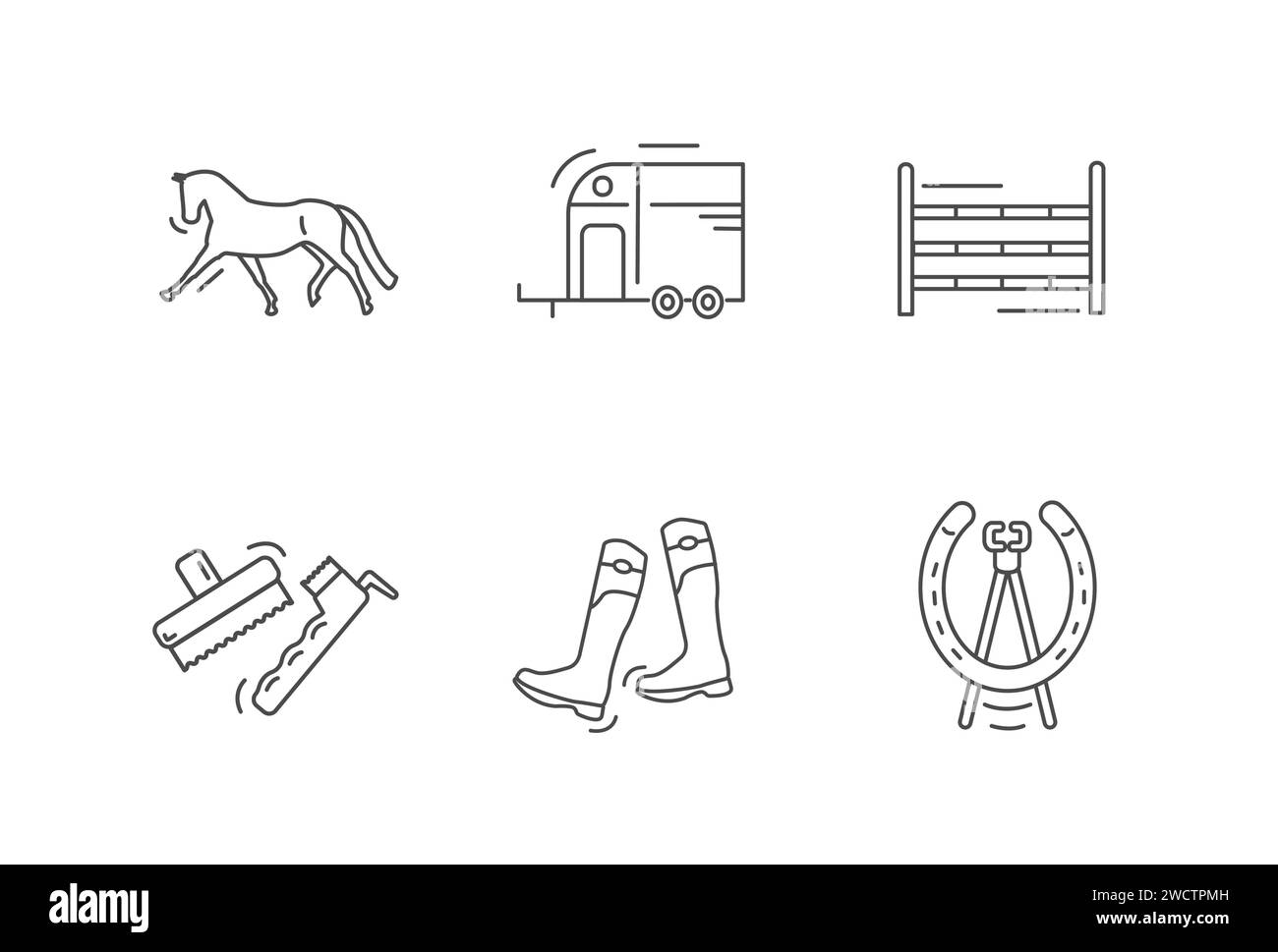 Horse riding outline icon set. Dressage horse. Horse box trailer. Show ...