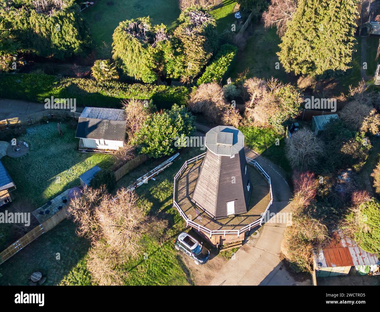 aerial view of the part restored rare grade 2 listed 6 sided smock mill ...