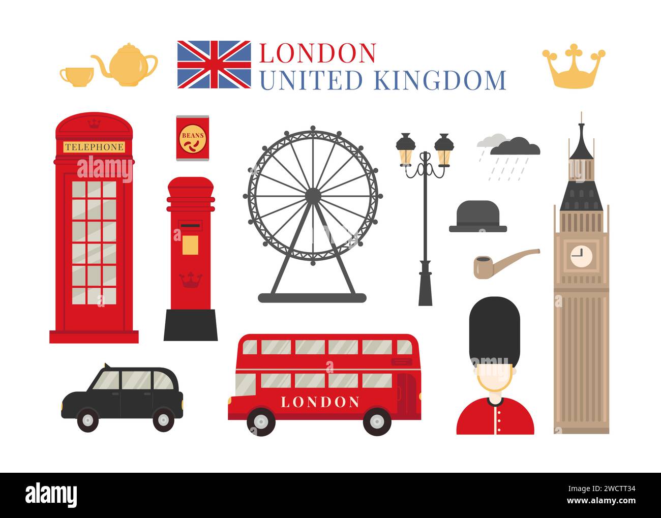 England London icon flat vector set. Cultural symbols of United Kingdom ...