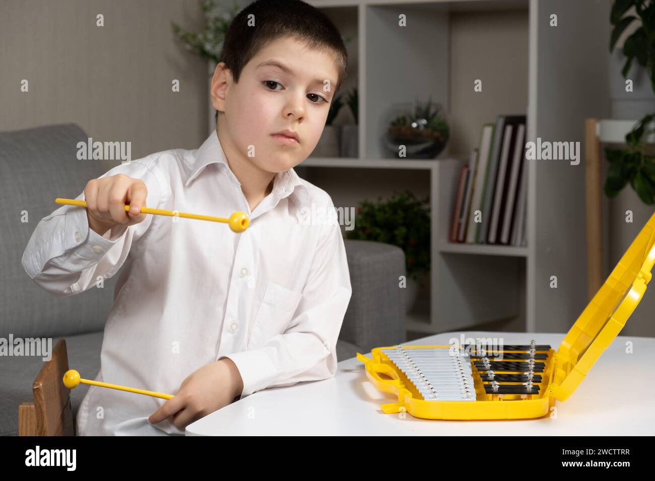 Little Six Year Old Boy Playing Metallophone Metal Xylophone Percussion ...
