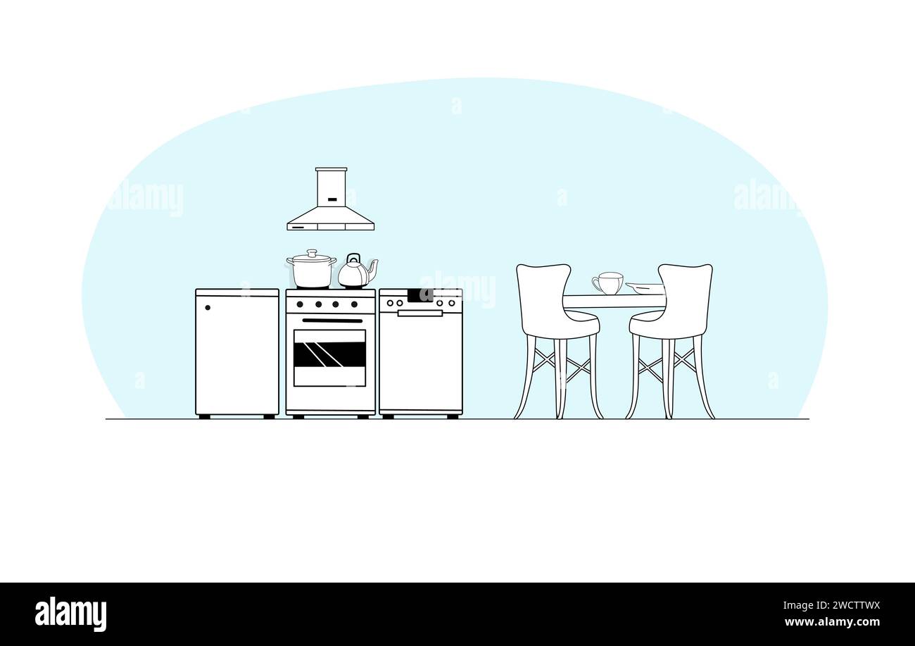Kitchen outline interior in light blue space. Simple contour dining ...
