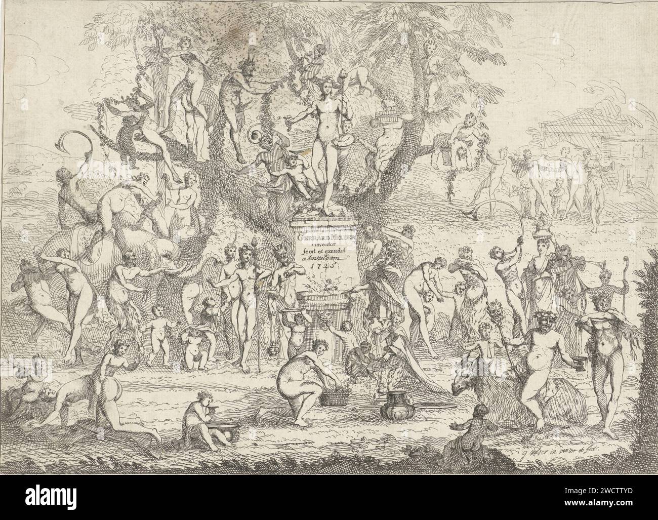 Bacchanten met Silenus en olifant, Gerard Melder, 1725 print In the ...