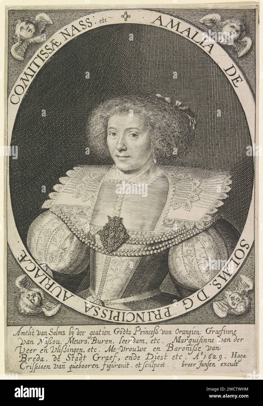Portrait of Amalia van Solms, Crispijn van den Queborn, 1629 print ...