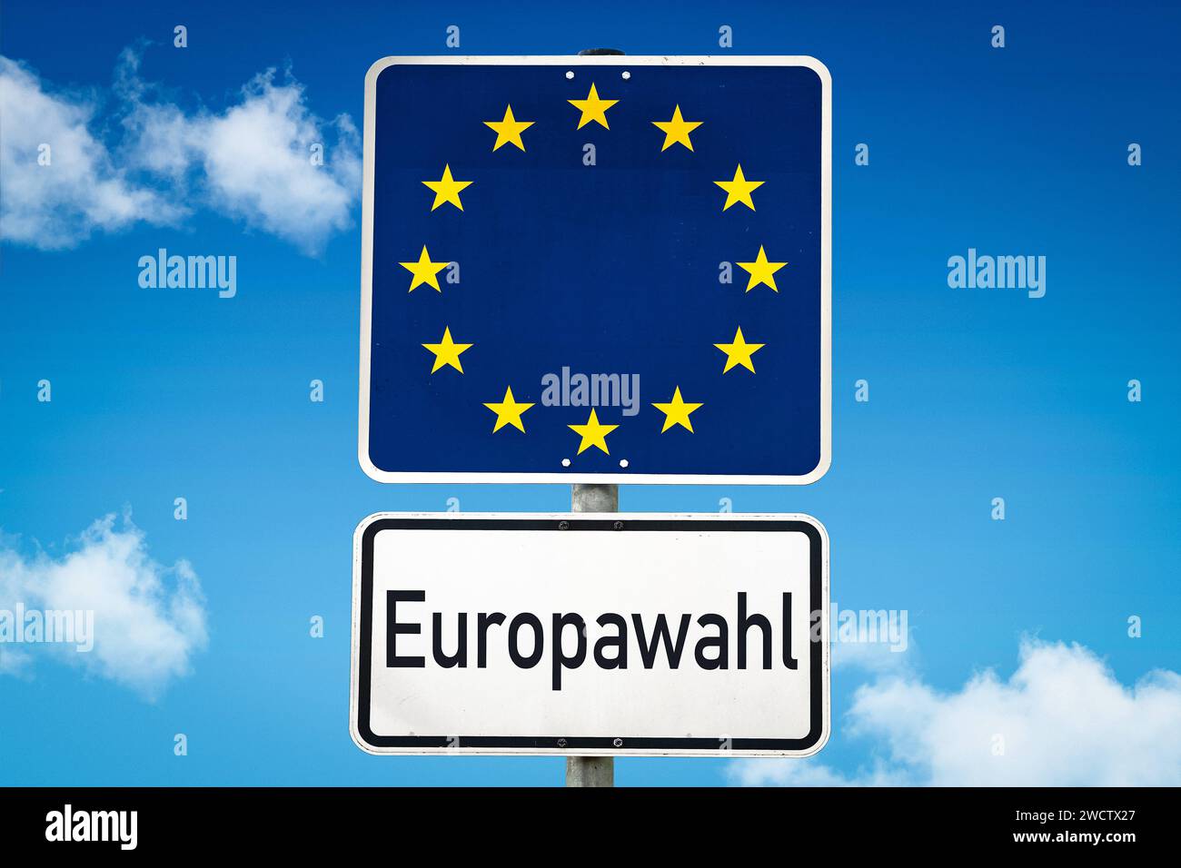 January 16, 2024: Sign in front of blue sky with European flag and inscription European ...