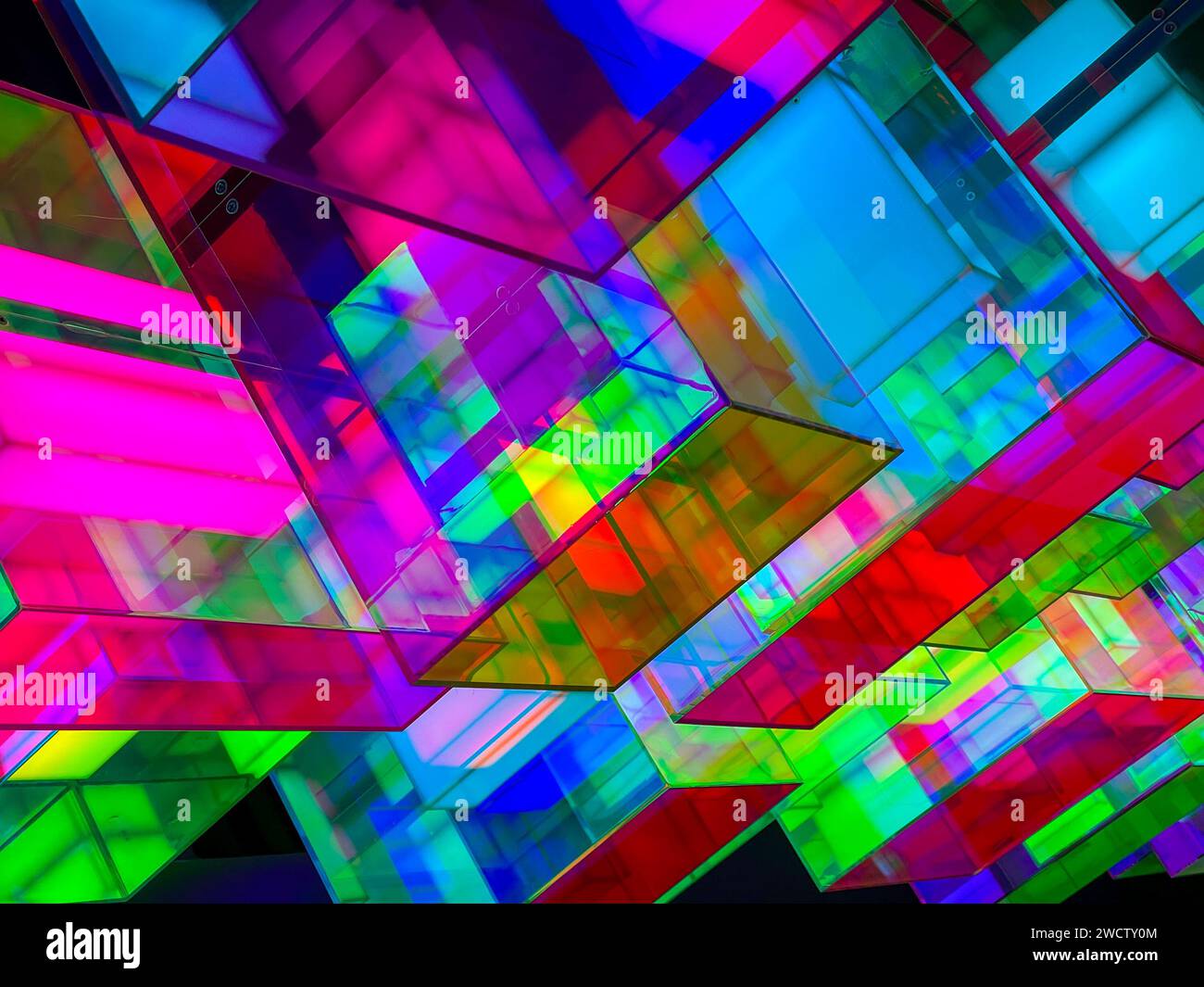 Close-up of a colorful glass art installation, with a focus on abstract ...