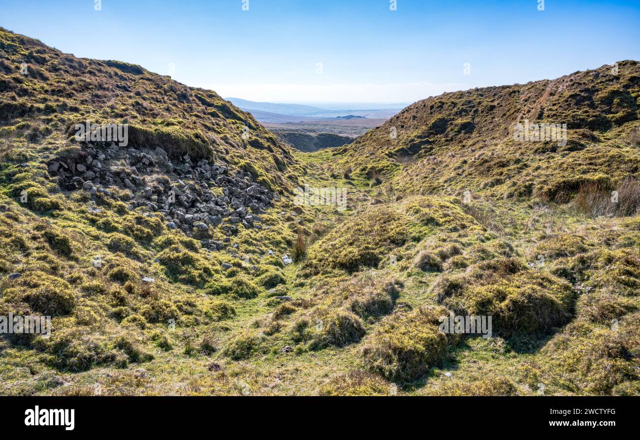 Disused mining "girt" or gully in the valley between Arms Tro, Brat Tor ...