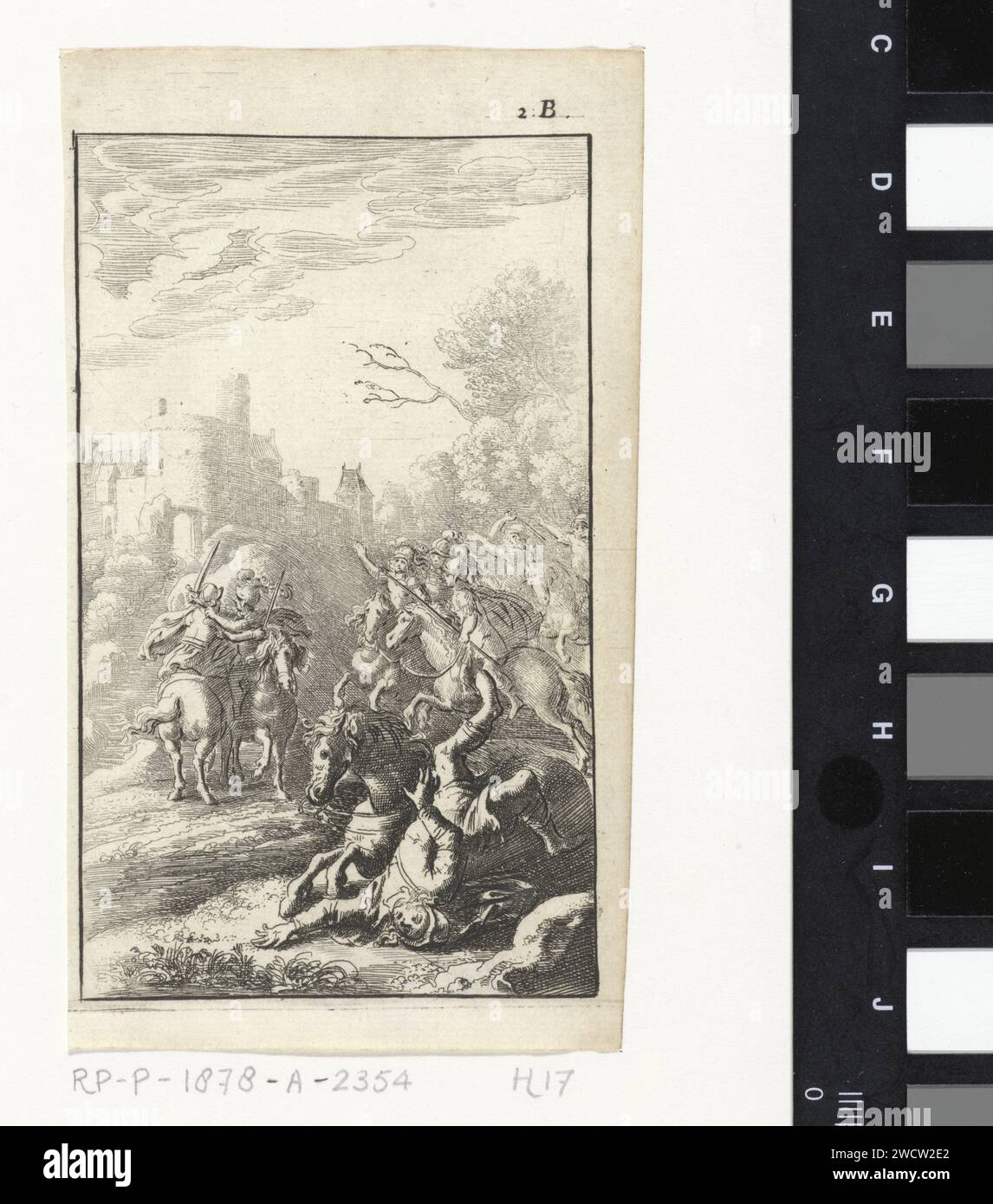 Fight between soldiers on horseback, Abraham Dircksz. Santvoort, 1666 print In the middle a ...