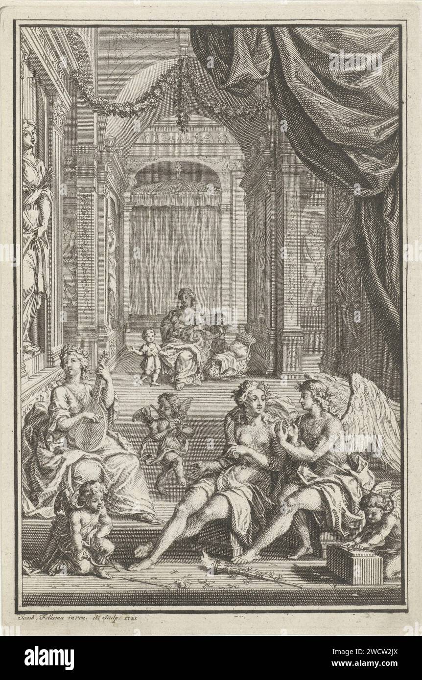 Allegorical figures in a temple, Jacob Folkema, 1721 print An angel, three putti and two ...