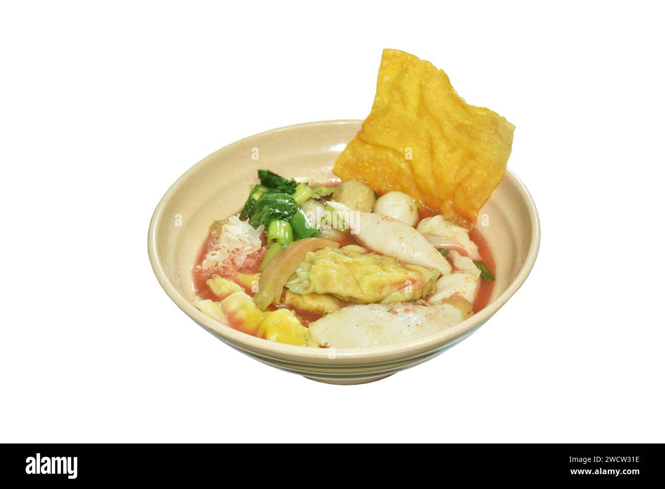 boiled Chinese pork dumpling with fish ball and morning glory vegetable ...