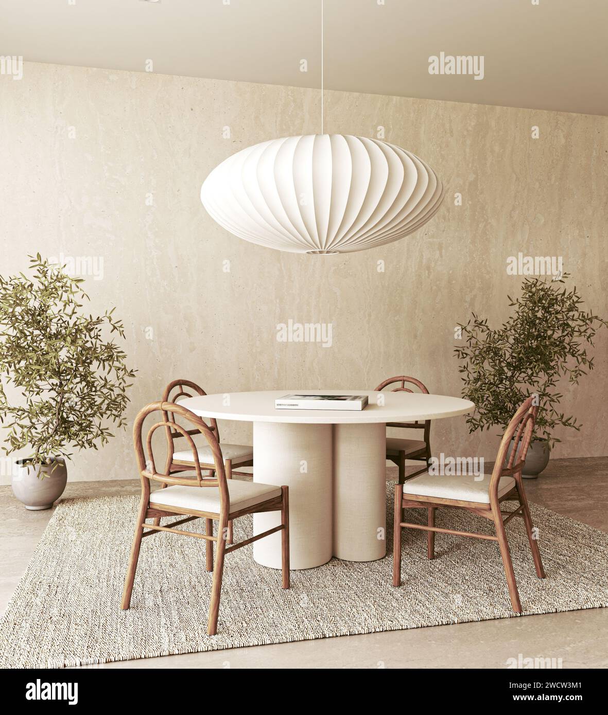 Modern dining room with white sculptural pendant light, round table ...