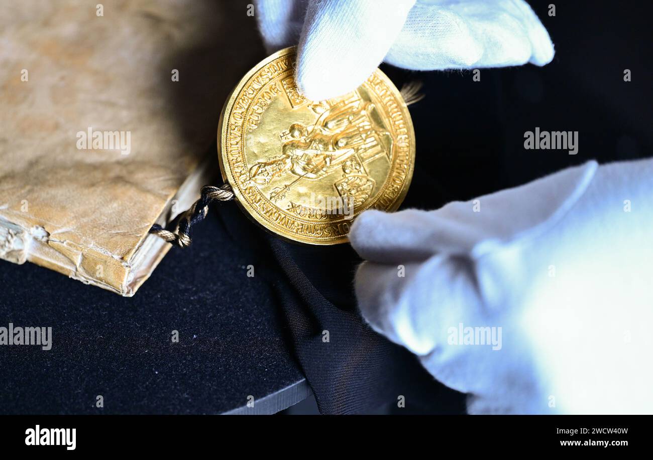Stuttgart, Germany. 17th Jan, 2024. The Golden Bull of 1356, which is ...