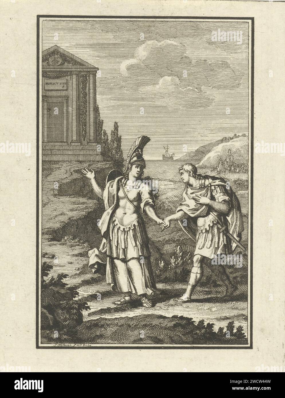 Minerva and Telemachus for a temple, Jacob Folkema, 1715 print Minerva has taken Telemachus by ...