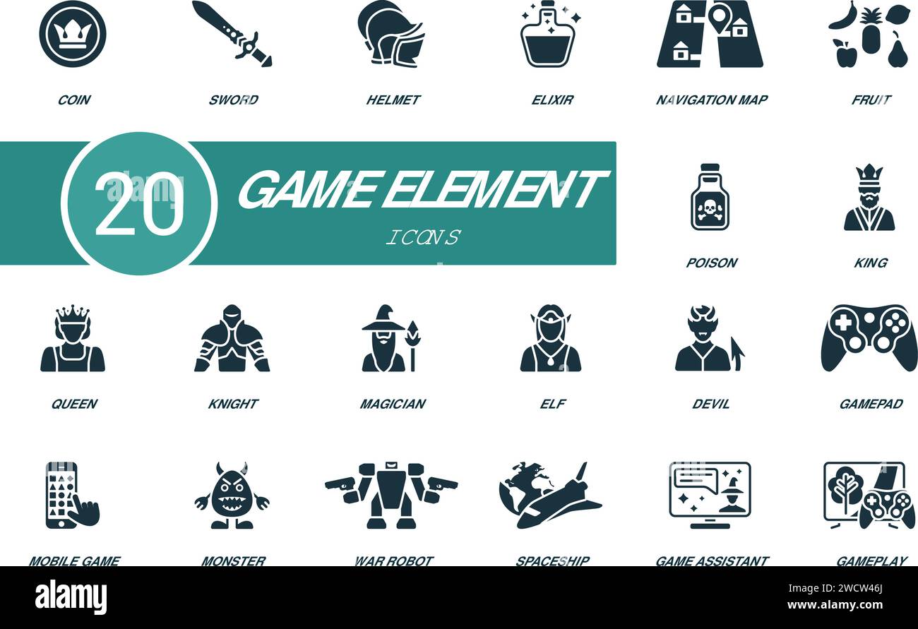 Game element icon set. Creative icons: coin, sword, helmet, elixir ...