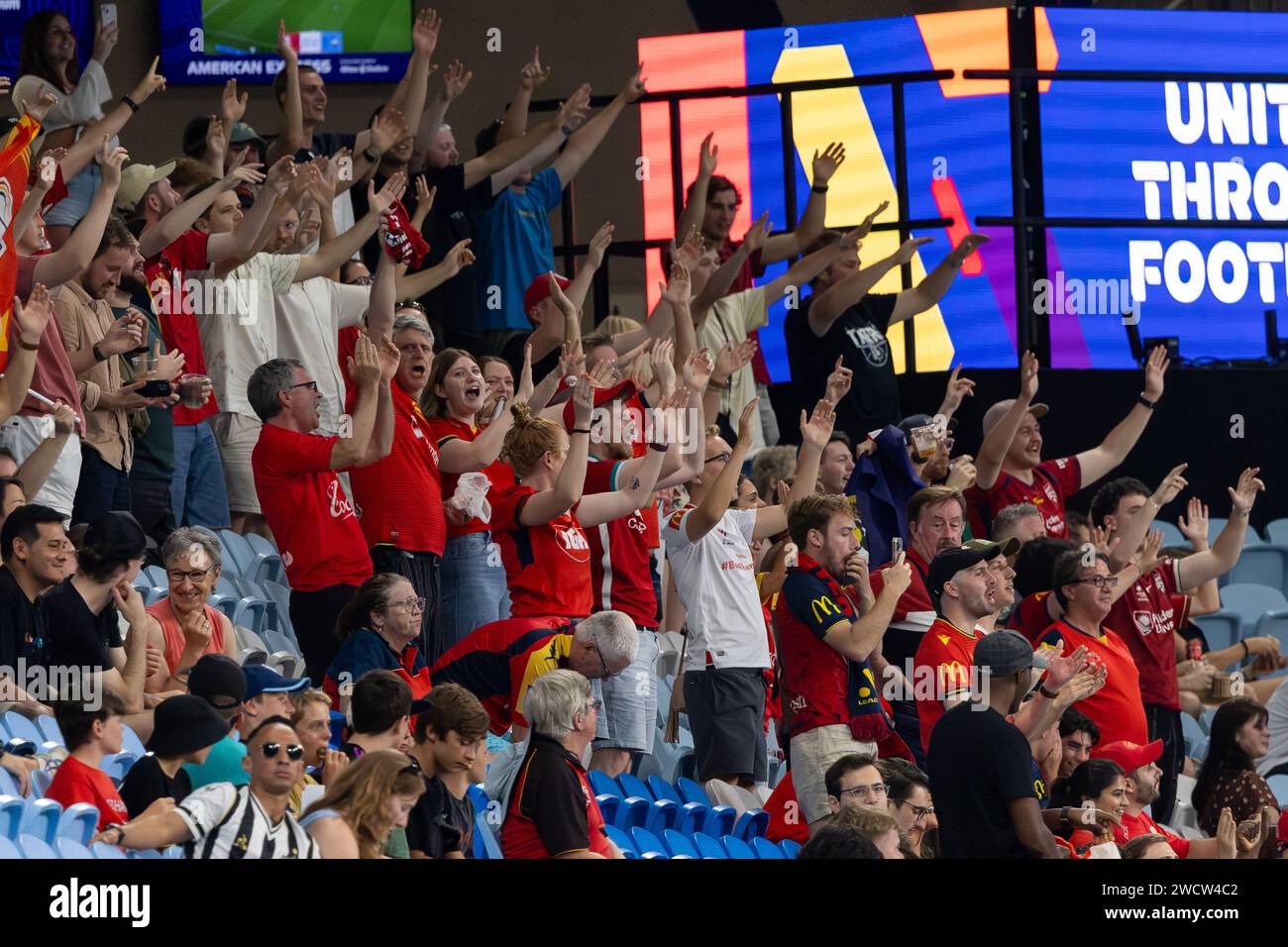 Sydney, Australia. 13th Jan, 2024. Adelaide United fans getting happy ... Sydney, Australia. 13th Jan, 2024. Adelaide United fans getting happy ...