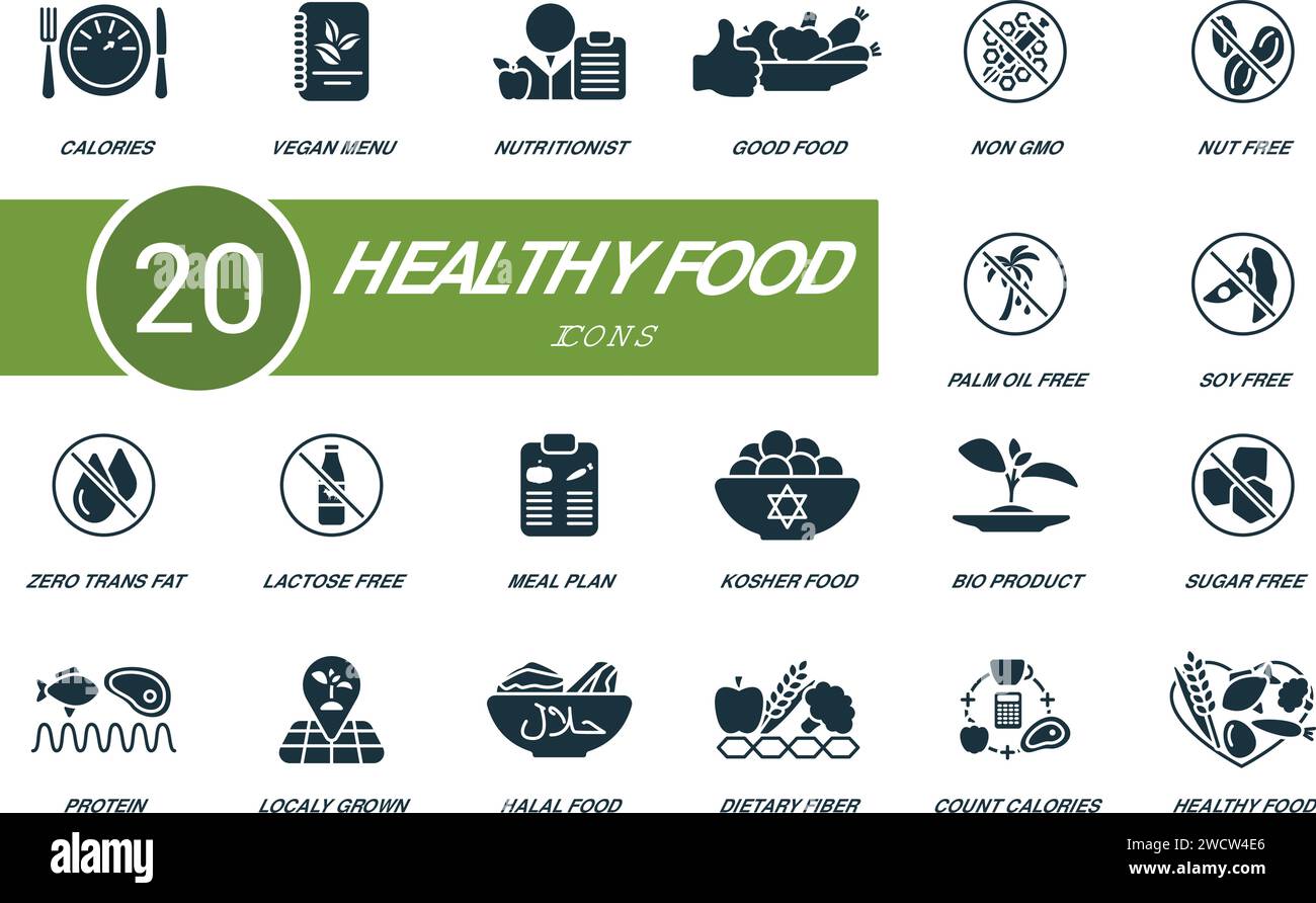 Healthy food icons set. Creative icons: calories, vegan menu ...