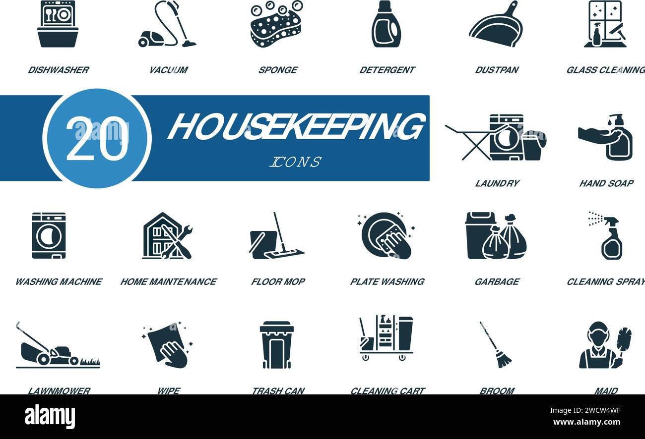 Housekeeping icons set. Creative icons: dishwasher, vacuum, sponge ...