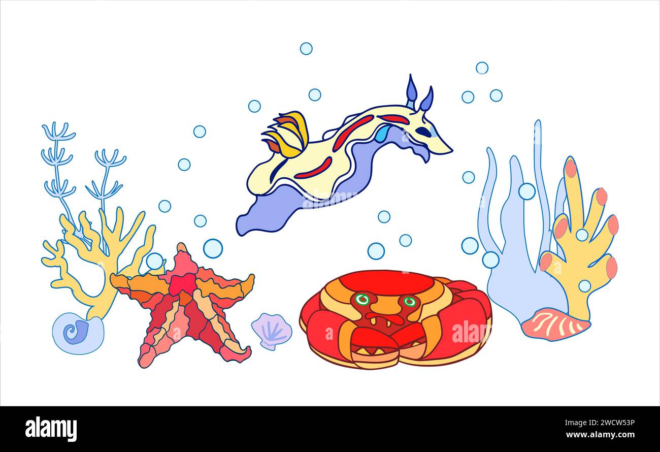 Sea animal. Sea slug, crab and starfish on a background of algae. Ocean ...