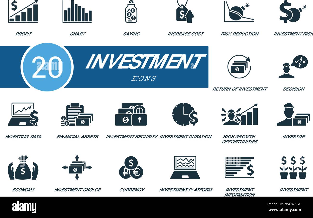 Investment icons set. Creative icons: profit, chart, saving, increase ...