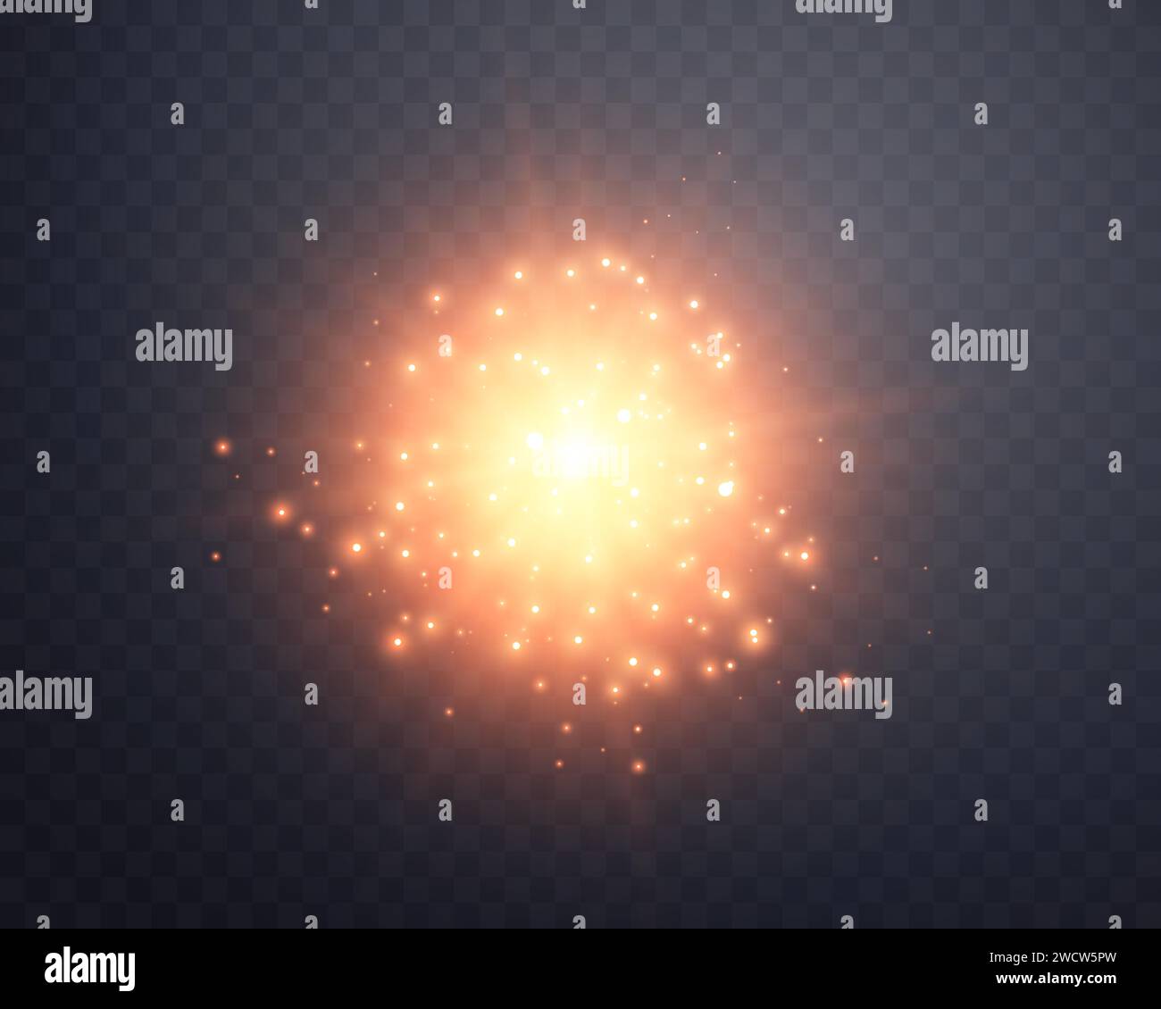 Orange sunlight lens flare, sun flash with rays and spotlight. Glowing burst explosion on a ...