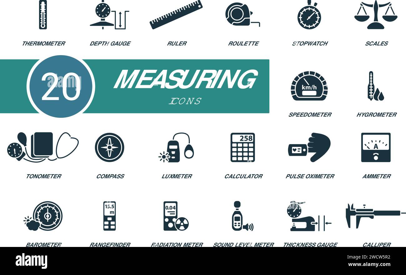 Measuring icons set. Creative icons: thermometer, depth gauge, ruler ...