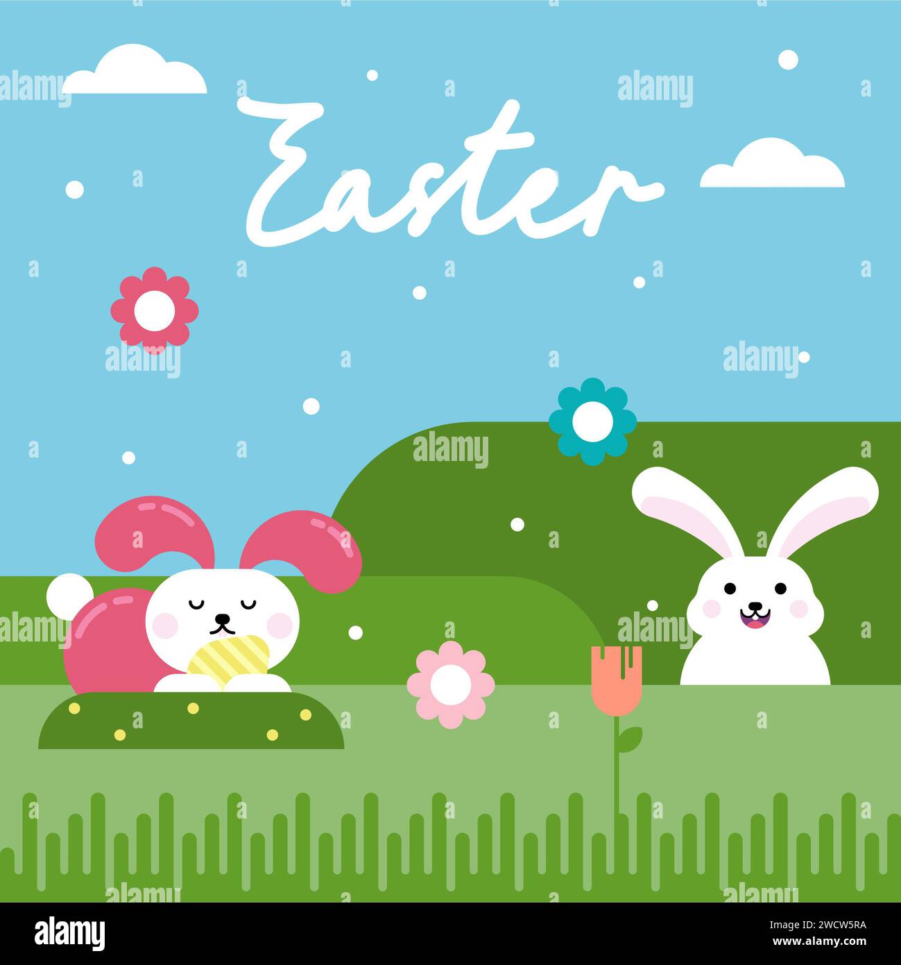 Flat colorful easter background illustration. Cute rabbit easter ...