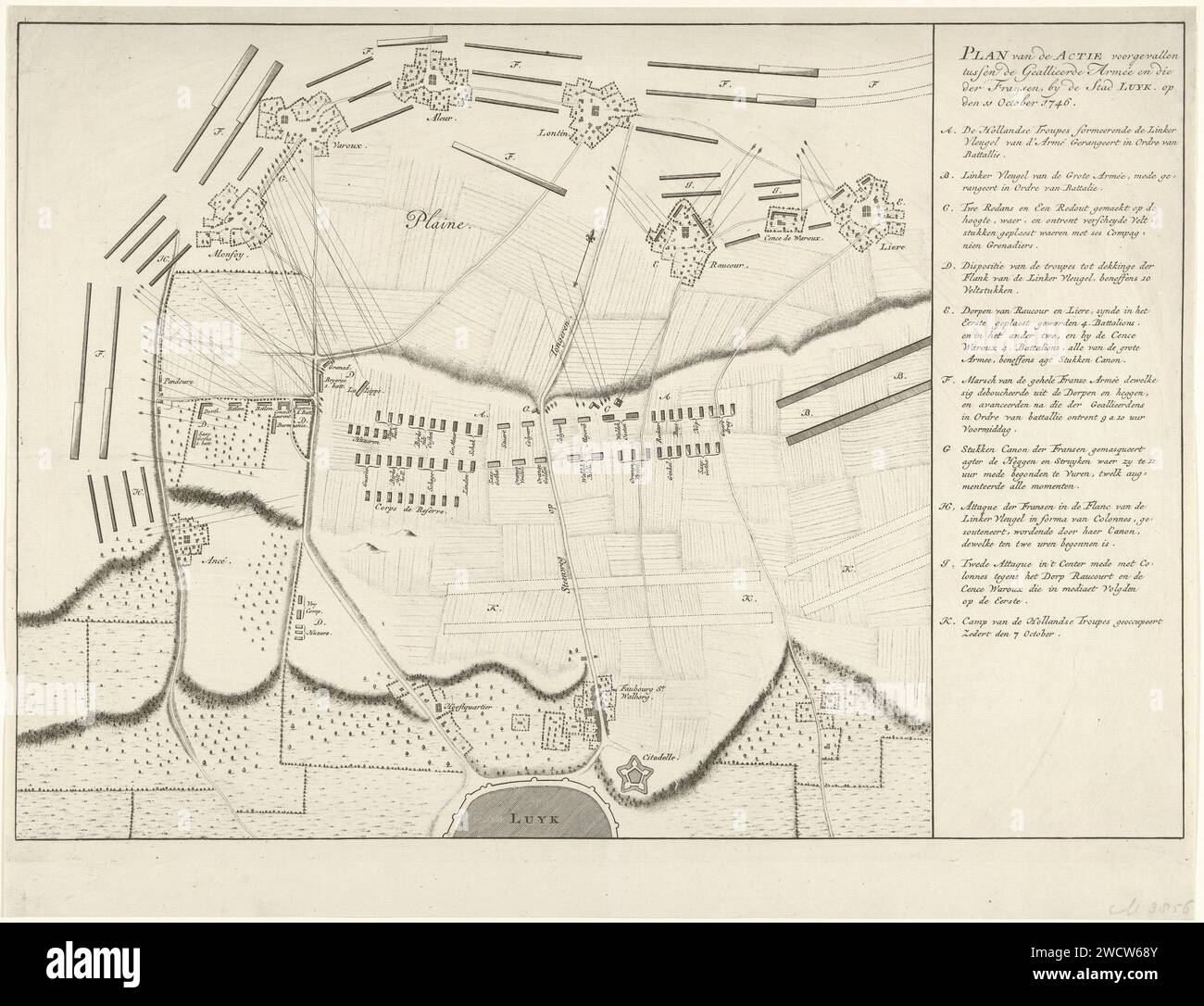 Plan of the Battle of Rocourt, 1746, Anonymous, 1746 print Map with the ...