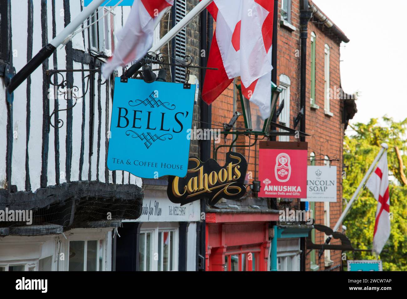 Lincoln, Lincolnshire, England. The half-timbered facade of Bells, a ...
